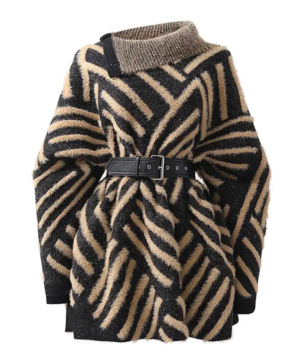 Geometric Pattern Turtleneck Belted Sweater– Beyazura.com