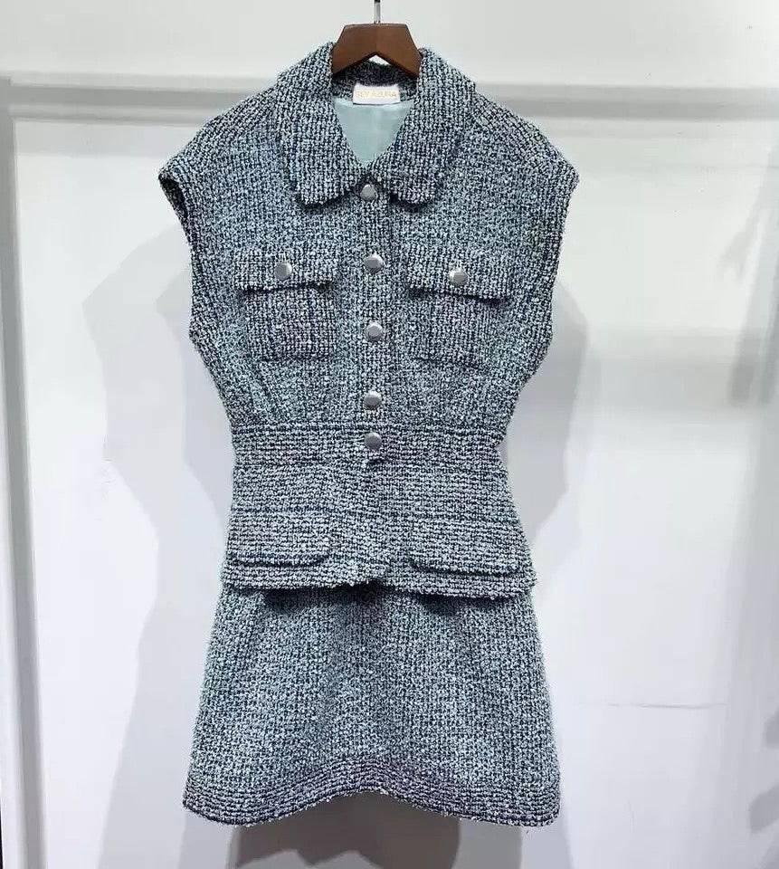 Blue Sleeveless Top With Short Skirt Tweed Two Piece Set– Beyazura.com
