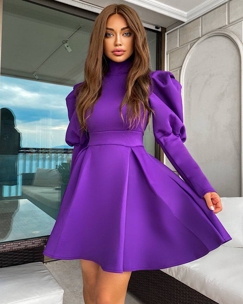 Exaggerated Shoulder Long Sleeve Flared Skirt Dress– Beyazura.com