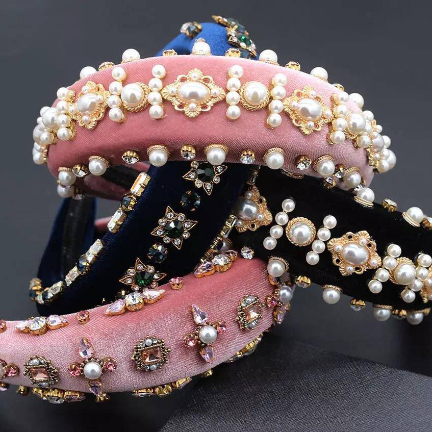 Lux Velour Crystal And Pearl Decorated Headbands– Beyazura.com