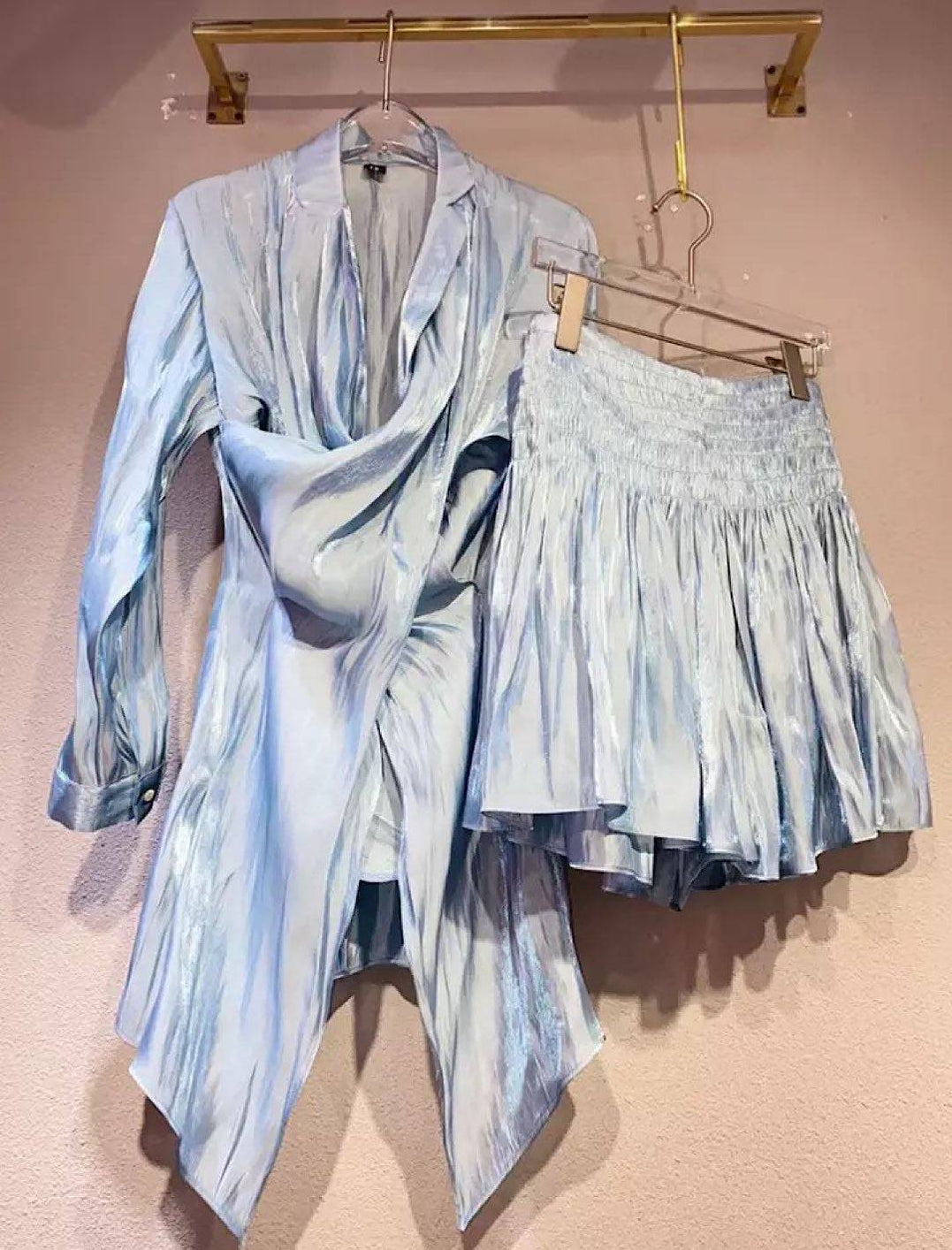 Satin Short Skirt And Cross Shaped Top Set– Beyazura.com