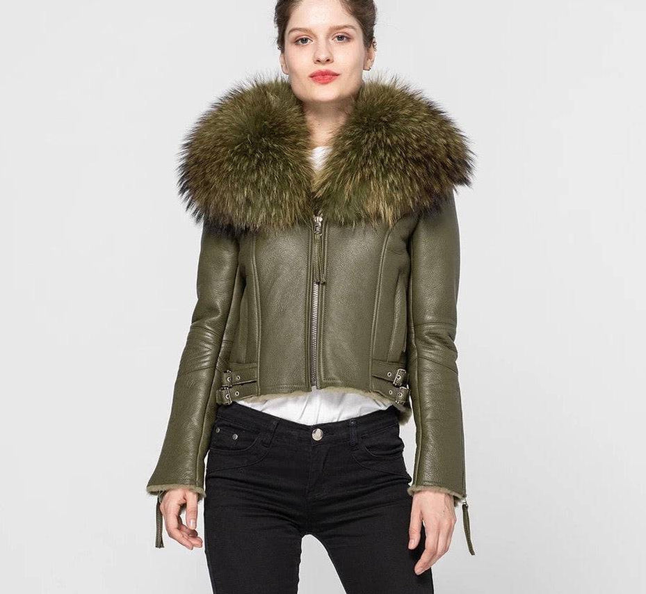 Shearling Sheepskin Fox Fur Collar Biker Jacket– Beyazura.com