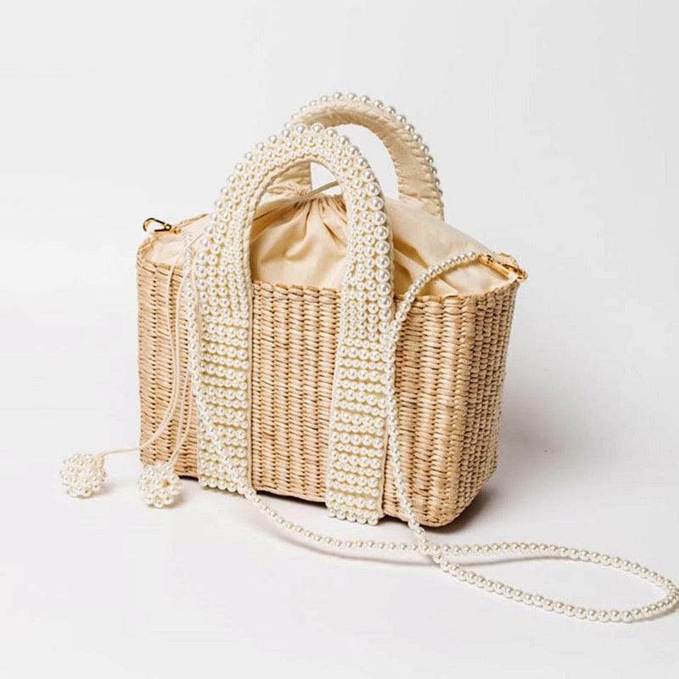 Tote Straw Handbag With Pearl Straps– Beyazura.com