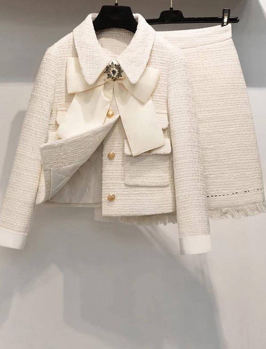 Tweed Jacket With Bow And Skirt Two Piece Set– Beyazura.com